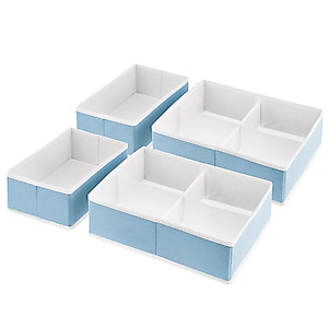 mDesign Soft Fabric Polka Dot Dresser Drawer and Closet Storage Organizer Bin for Child/Kids Room, Nursery, Playroom - Divided 5 Section Tray, Set of 4 - Light Blue/White