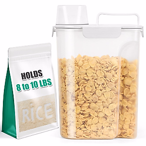 TBMax Airtight Rice Container 8 Lbs -10 Lbs, Cereal Container Dispenser, Pet Cat Dog Food Storage Container, Plastic Kitchen Pantry Food Storage Container with Cup -White