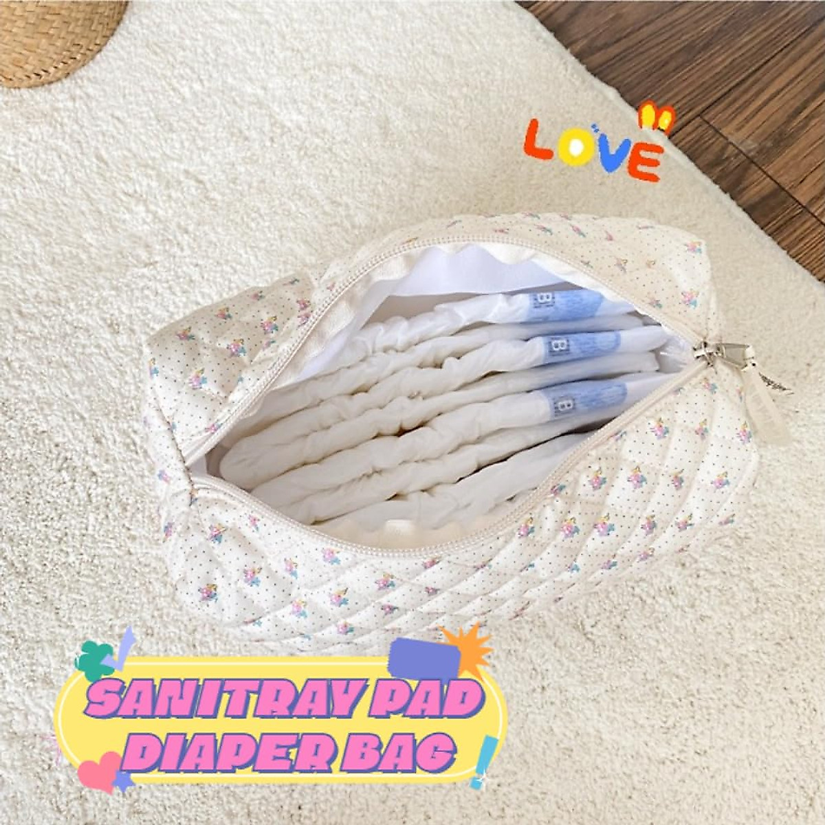 BILIPOPX 2 Pack Kawaii Cute Makeup Bag Aesthetic Travel Quilted Cotton Cosmetic Bag Organizer Toiletry Pouch for Women Teen Girls (Beige Floral)