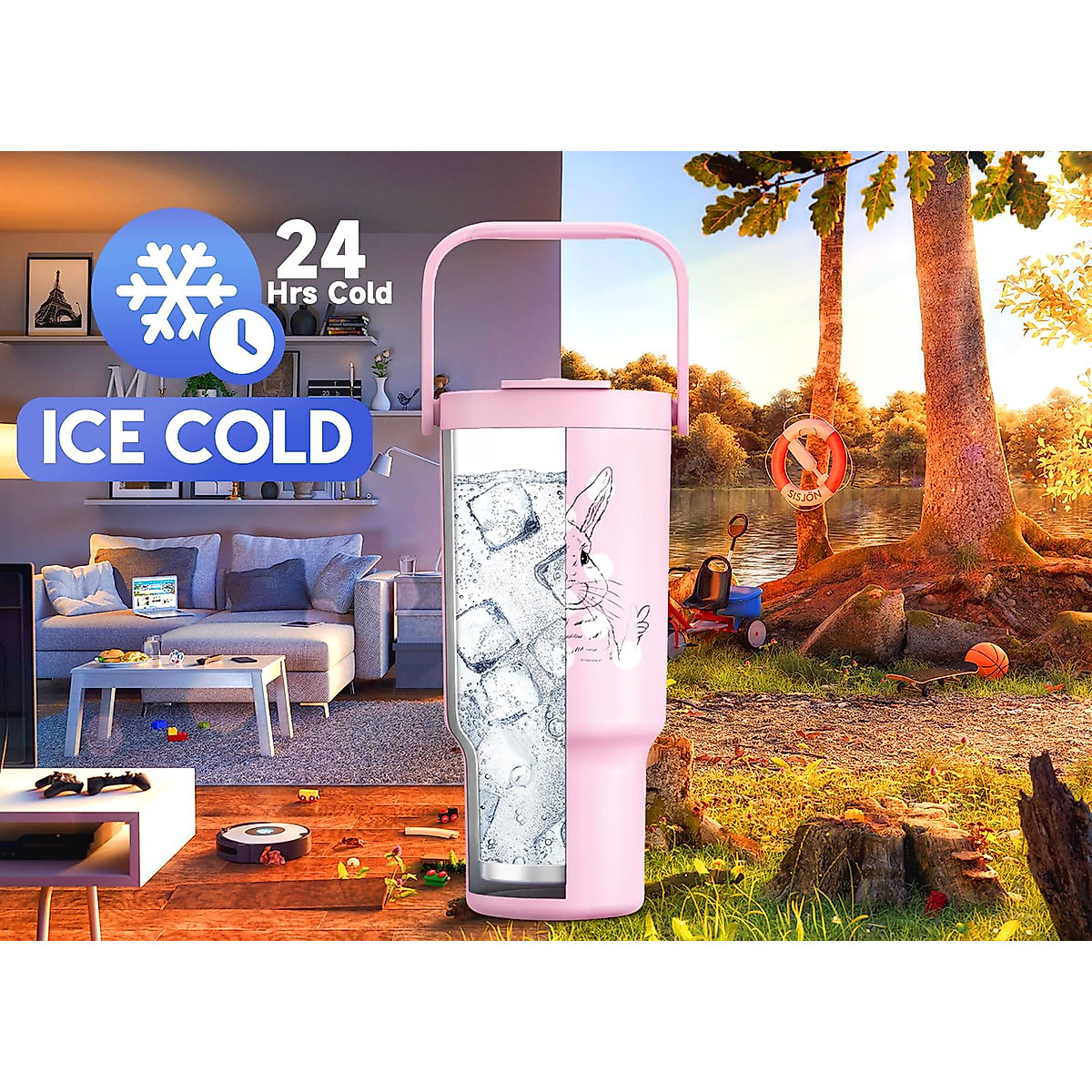 Meoky 32 oz Tumbler with Handle, Tumbler with Lid and Straw, Stainless Steel Travel Mug, 100% Leak Proof, Keeps Cold for 24 Hours, Fits in Car Cup Holder (Bunny)