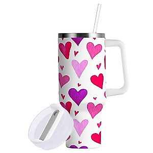 RPLIFE Watercolor Hearts White 40 Oz Tumbler with Handle, Stainless Steel Tumbler with Straw, Coffee Tumbler
