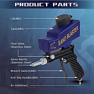 Ziopetru Sand Blaster Gun - Gravity Feed Sandblaster Gun for Metal, Wood Paint/Rust Removal and Glass Etching - Handheld Sand Blaster Gun for Air Compressor, Up to 70-150 PSI Blasting Media, Blue