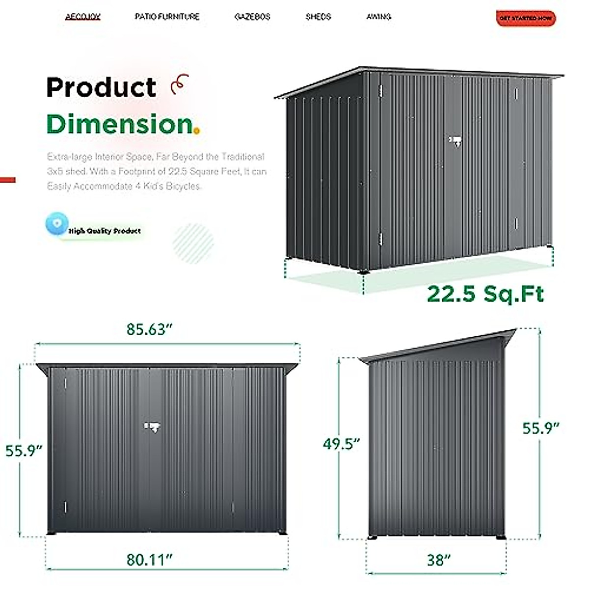 AECOJOY Storage Shed, 3 x 7 Ft Horizontal Bike Sheds & Outdoor Storage, Small Metal Outdoor Storage Cabinet for Garden