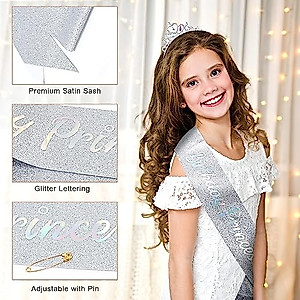 KICOSY Silver Birthday Crowns for Women Birthday Princess Sash & Crystal Tiara Set Princess Tiara for Girls Princess Crown Birthday Tiara Girls Crystal Headband Glitter Sash Kit for Birthday Party