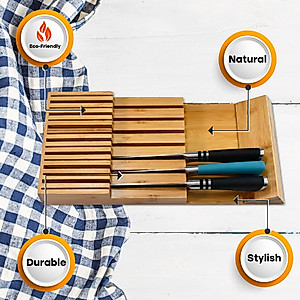 Xabono Knife Drawer Organizer Bamboo Kitchen Organizer Large Knife Block EdgeProtecting Kitchen Drawer Organizer Natural Silverware Organizer Elegant Bamboo Knife Drawer Organizer (15 Knife Organizer)