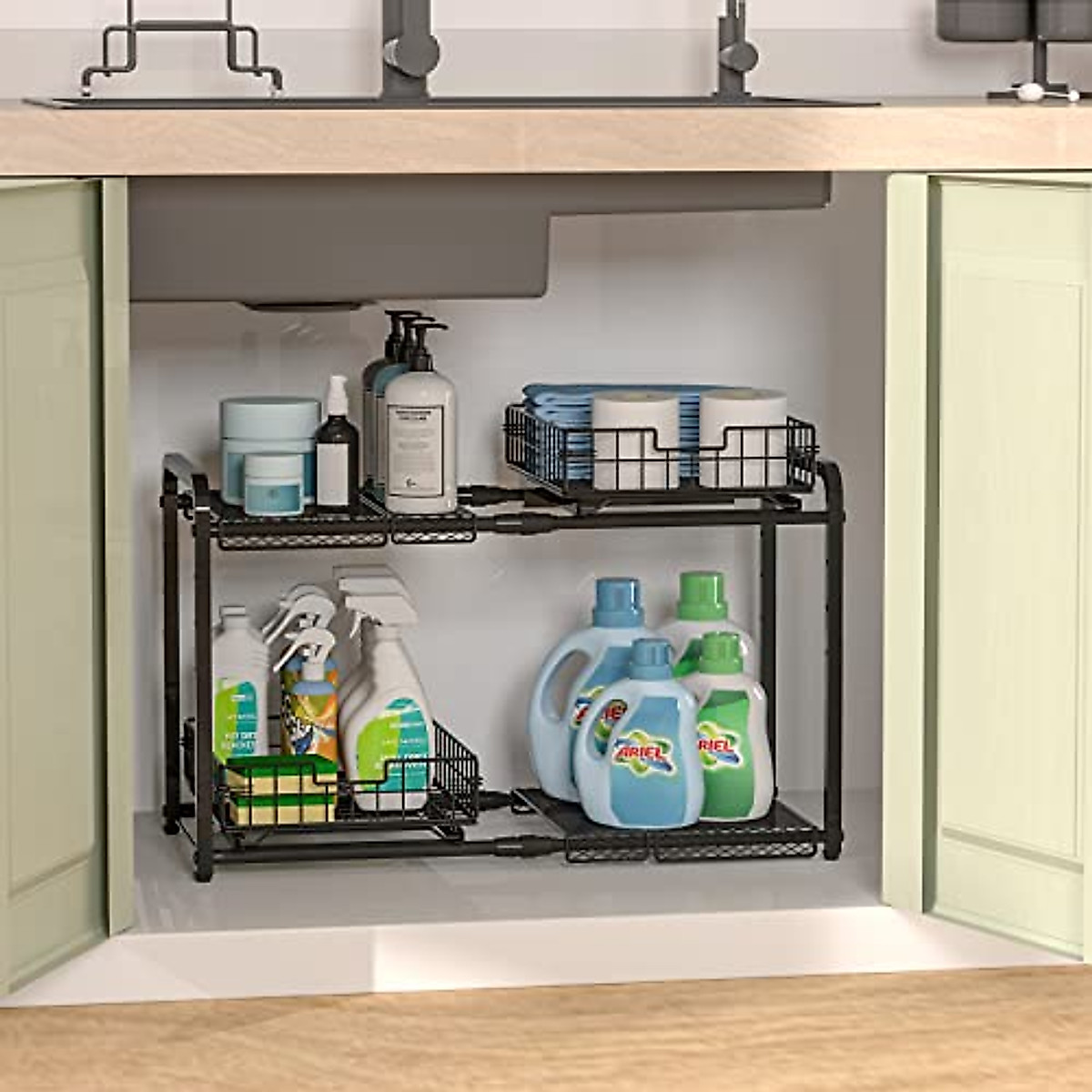 Expandable Under Sink Organizers and Storage, 2-Tier Cabinet Organizer Shelf with 2 Slide-out Baskets, Adjustable Large Under Sink Storage Racks for Bathroom Kitchen,Black