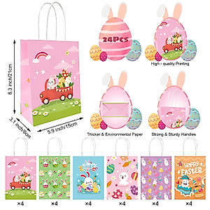 24PCS Easter Treat Bags with Handles, Easter Bags for Treats, Easter Party Favor Bags, Easter Gift Bags, Easter Egg Hunt Bags Decorated with Happy Easter Bunny and Chicks Pattern for Kids Spring Party