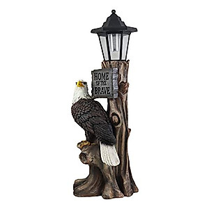 Ebros Home of The Brave Patriotic American Bald Eagle Perching On Tree Stump Garden Courtesy Night Light Statue Solar LED Lantern Lamp Guest Greeter Decor for Patio Poolside Home Figurine