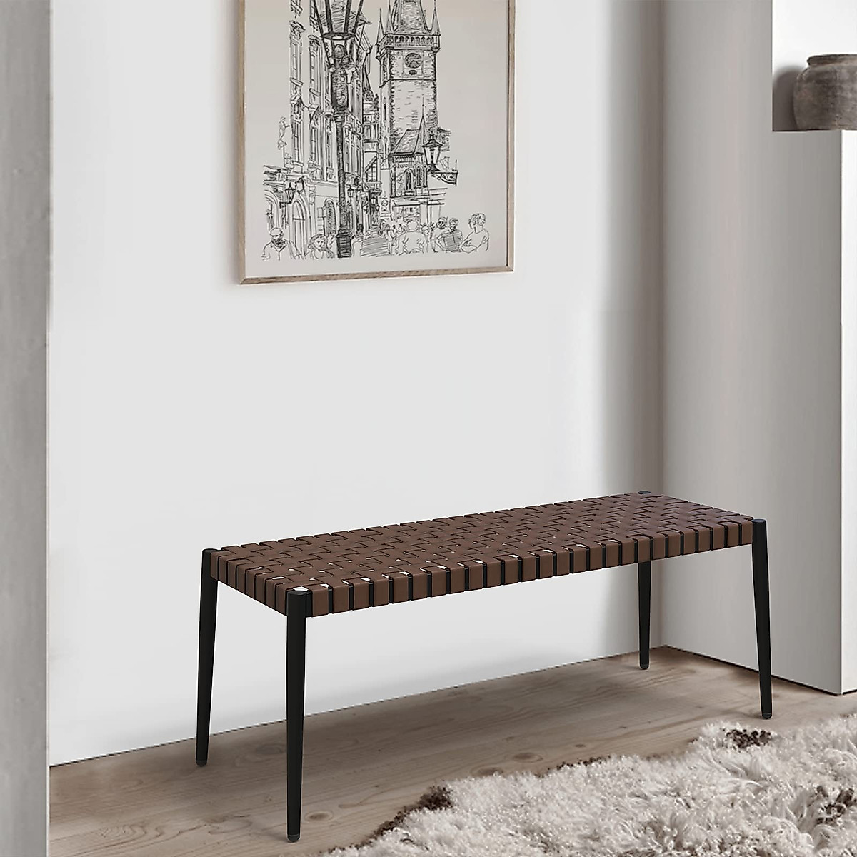 Grand patio Outdoor Bench Leather-Look Wicker Patio Seating Bench for Front Porch Backyard Park Outside Furniture Décor