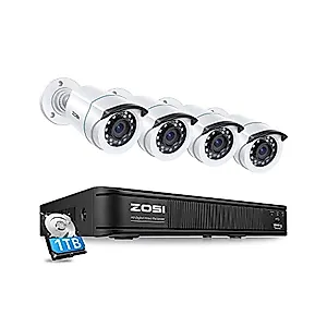 ZOSI H.265+1080p Home Security Camera System,5MP-Lite 8 Channel CCTV DVR Recorder with Hard Drive 1TB and 4 x 1080p Weatherproof Bullet Camera Outdoor Indoor with 80ft Night Vision, Motion Alerts