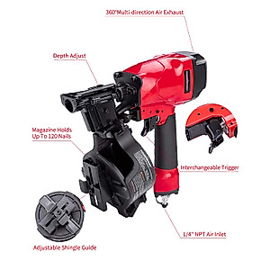 PowerSmart Roofing Nailer, 15 Degree Roofing Nail Gun with Safety Goggles, 3/4-Inch to 1-3/4-Inch Coil Nails, 120 PCS Load Capacity Coil Nailer Kit with 240 PCS Nails