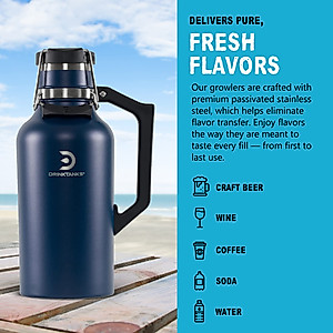 DrinkTanks Craft Growler, Passivated Stainless Steel Growlers for Beer, Leakproof and Vacuum Insulated Beverage Tumbler, Easy-to-Use Soda, Wine, or Coffee Tumbler with Handle, Storm, 64 Oz