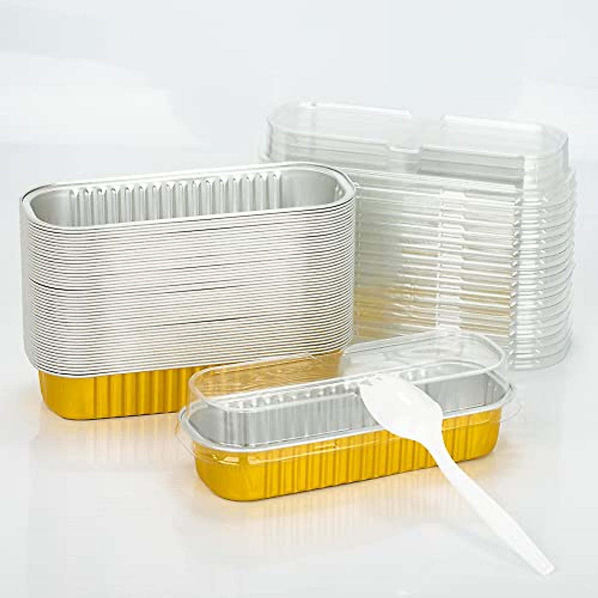 MOACOCK 100 Pack Aluminum Mini Loaf Pans, Aluminum Foil Pans with Lid, 6.8oz Disposable Rectangle Baking Containers Muffin Baking Tins Mini Cake Pans, Pans/Lids/Spoons(Pink)