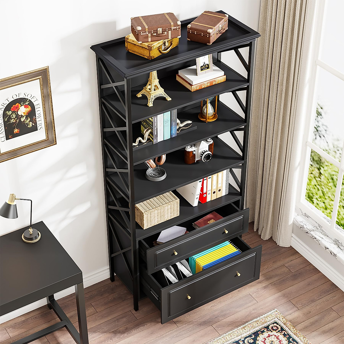 Tribesigns 6-Tier Bookcase with 2 Drawers, Tall Narrow Bookshelf with 1 File Drawer, Modern Bookshelf Heavy Duty Display Rack for Living Room, Bedroom, Dark Grey