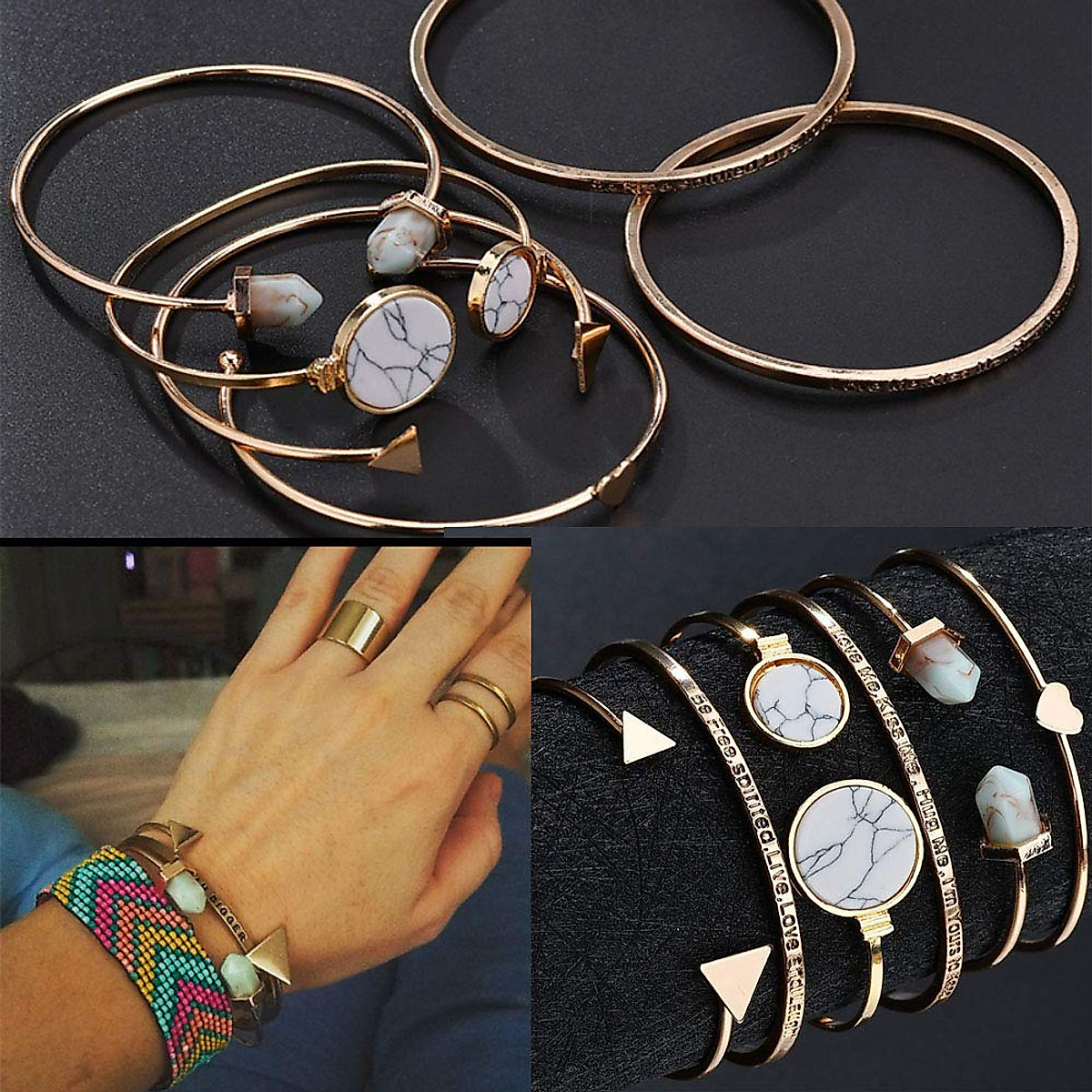 yunanwa 5 PACK (23pcs) Multiple Layered Stackable Open Cuff Wrap Bangle Bracelet Jewelry Adjustable for Women Wholesales Set Assorted