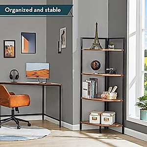 SAYGOER Corner Bookshelf 4 Tier Stand Storage Shelf Modern Black Bookcase Ladder Standing Shelves Display Rack Plant Stand for Small Spaces, Bedroom, Living Room,Walnut Oak