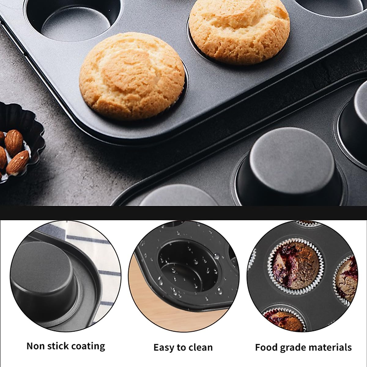 Doubay 12 Cup Muffin Pan - Nonstick Muffin Tins & Cupcake Pans for Baking - Superior Carbon Steel Coating - Safe to Use in 450F Oven - Ideal for Brownies, Cakes, Quiche - Dishwasher Safe
