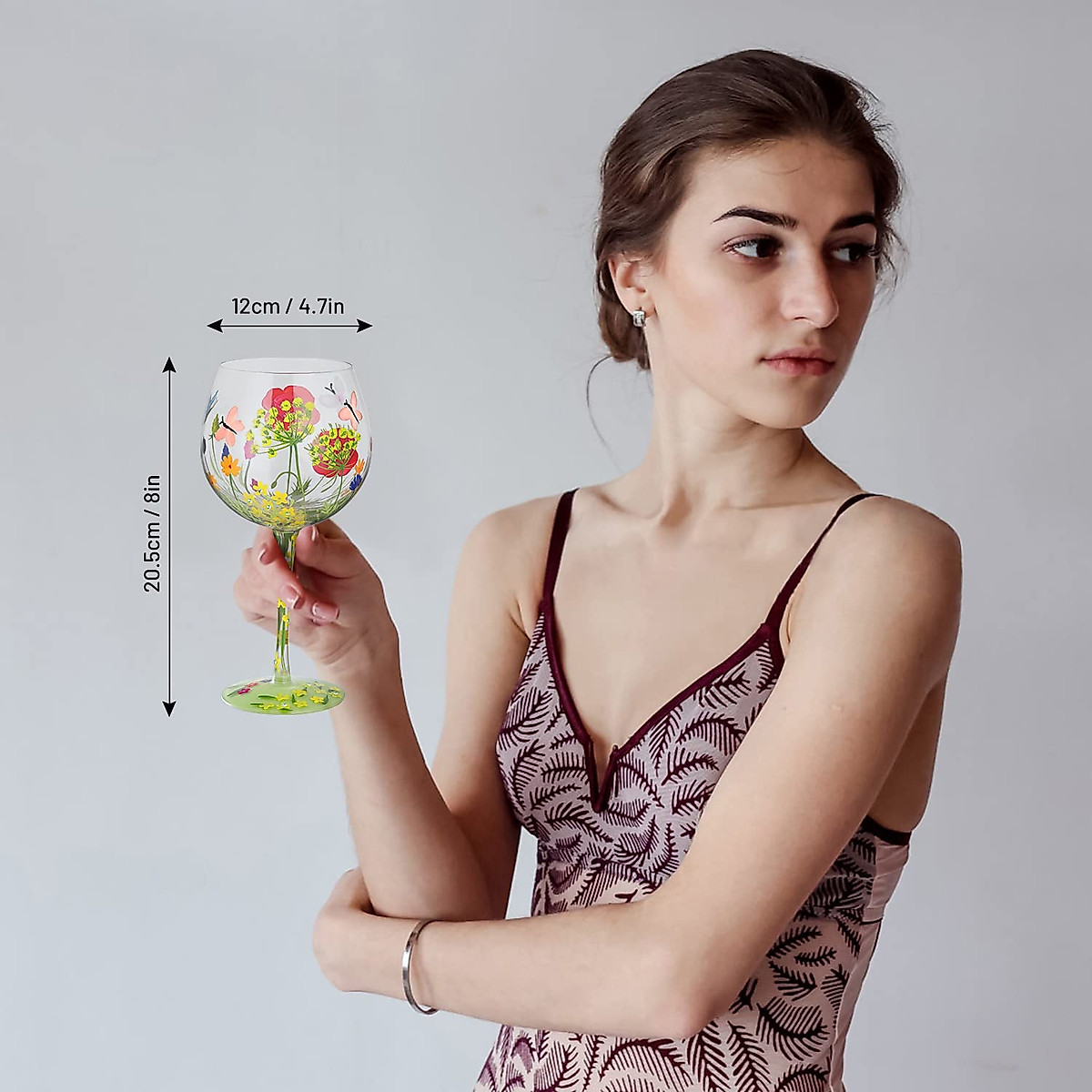 NymphFable Flower Wine Glass 100% Hand Painted Gin Balloon Wine Glass 20oz Personalised Birthday Gift for Women Friend