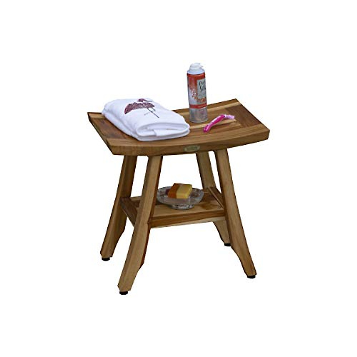 EcoDecors Satori Shower Stool Teak Wood Shower Bench with Curved Seat and Shelf 17″ Wooden Seat Shower Stool in Earthy Teak Finish