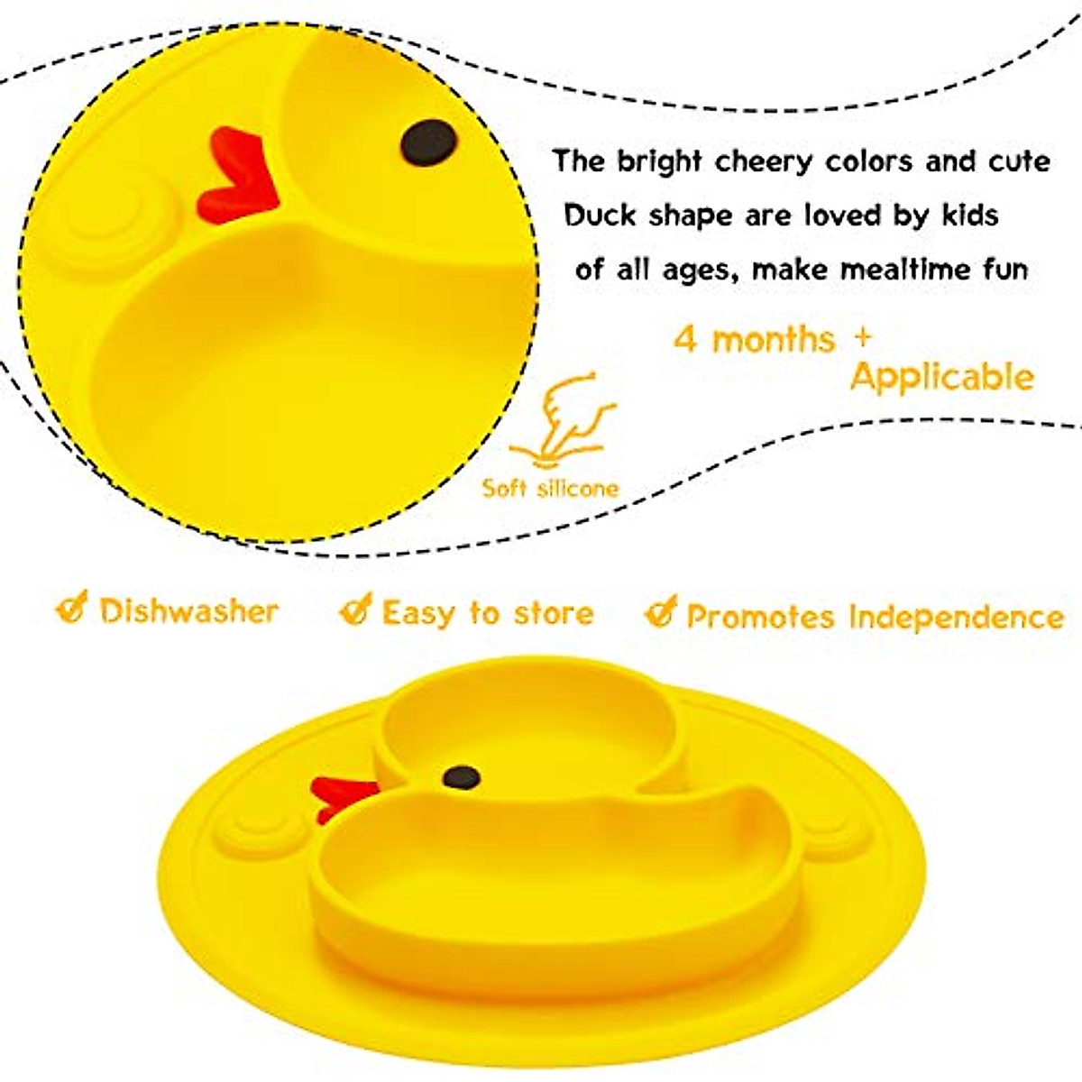 Linowos Silicone Divided Toddler Plates, Portable Non Slip Suction Plates for Children Babies and Kids BPA Free Baby Dinner Plate (Duck-Yellow) 1