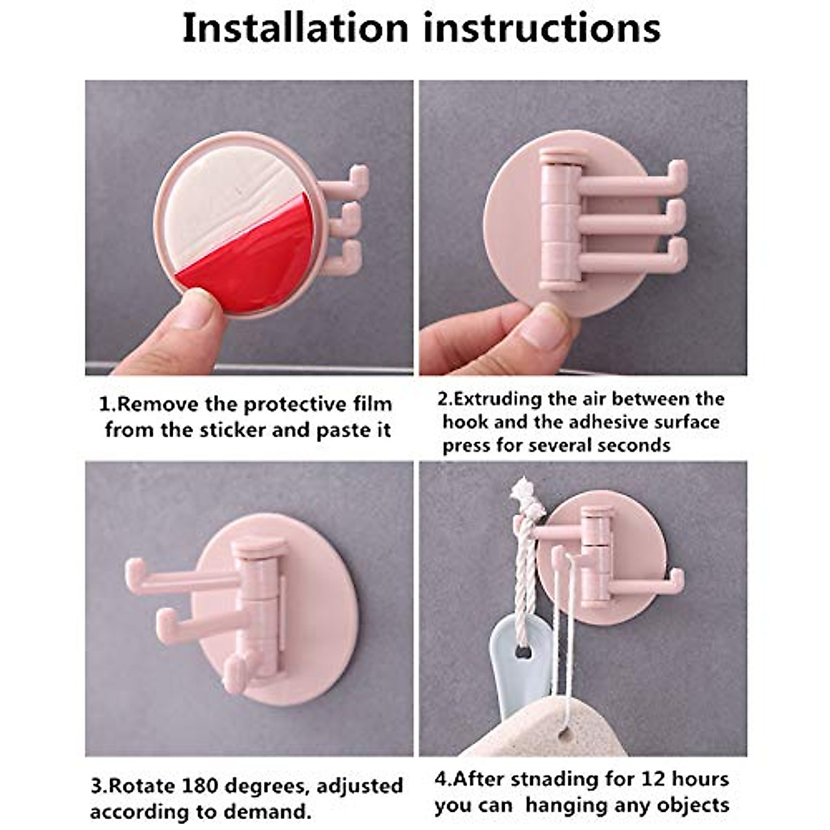 (4 pcs) Self-Adhesive Wall Hook,180 Degree Rotatable Strong Stick Hooks Seamless Scratch Mirror Organize and Decorate Your Dorm Bathroom Office