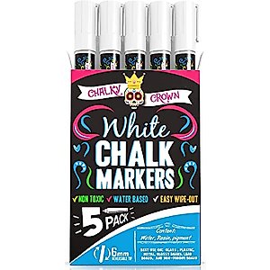 CHALKY CROWN Liquid Chalk Marker Pen - White Drawing Chalk - Chalk Markers for Chalkboard Signs, Windows, Blackboard, Glass - 6mm Reversible Tip (5 Pack) - 24 Chalkboard Labels Included