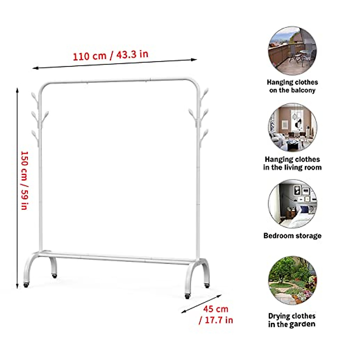 HILI Clothing Garment Rack with Wheels, Metal Clothes Stand Rack with Shoe Storage Rod, Sturdy Steel Frame Coat Rack for Indoor, Laundry, Bedroom(White)