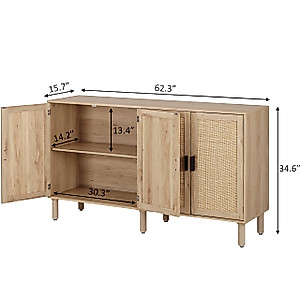 Finnhomy 4 Door Sideboard Buffet Cabinet, Kitchen Storage Cabinet with Rattan Decorated Doors, Cupboard Console Table, Boho Accent Liquor Cabinet for Home Bar, 62.3X 15.7X 34.6 Inches, Natural