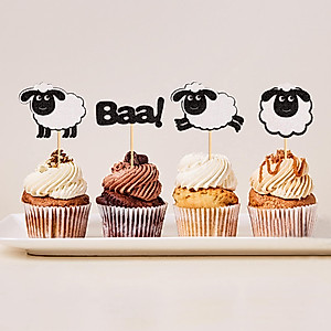 Ercadio 24 Pack Sheep Cupcake toppers Black Glitter Farm Animals Cupcake Picks Sheep Baa Cupcake Decors Sheep Theme Baby Shower Birthday Party Supplies