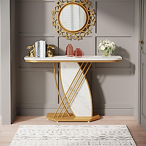 Tribesigns Gold Entryway Table, Modern Console Table, Half Moon Entry Table with Geometric Metal Legs, Faux Marble Narrow Sofa Table Hallway Table for Entrance, Living Room, White & Gold