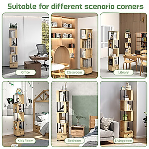 YAGEANNL 4 Tier Rotating Bookshelf with Wheel, 59" Tall Spinning Bookshelf Tower for Kids, Swivel Revolving Bookcase with Drawer Small Corner Bookshelf for Bedroom Library Classroom Narrow Space