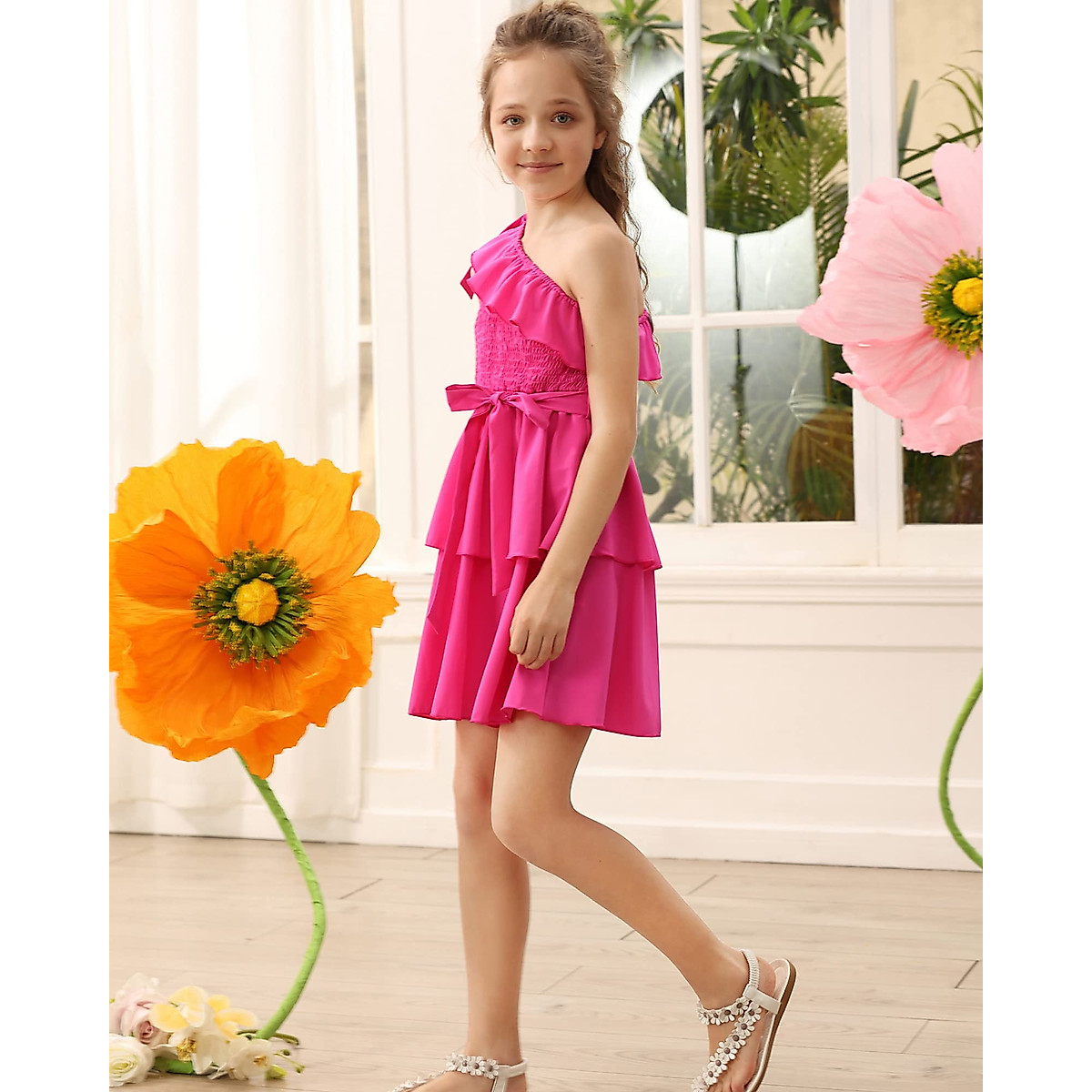 Danna Belle Pink Dress for Girls Summer Party One Shoulder Sleeveless Ruffle Dresses Size 7