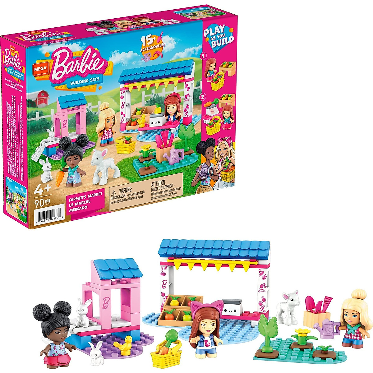MEGA Barbie Toy Building Set, Farmer's Market with 3 Barbie Micro-Dolls, 4 Barbie Pets and Accessories, Easy to Build Set for Ages 4 and Up