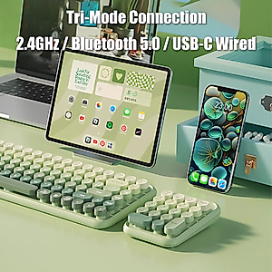 TISHLED Typewriter Style Number Keypad Wireless 2.4G/Bluetooth/USB-C Wired Rechargeable Numeric Pad Linear Membrane Switch 18-Key NKRO Retro Round Keycaps Portable for Multi-Device, Matcha Green