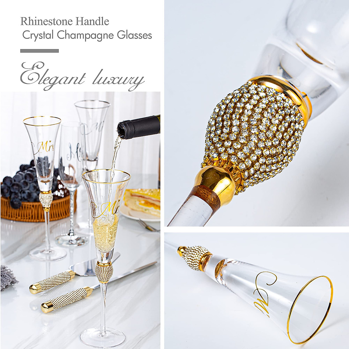 VARLKA Wedding Champagne Flutes and Cake knife Server Set Mr and Mrs Champagne Glasses Cake Cutting set for Wedding 7Oz Crystal Bride and Groom Toasting Flutes Engagement Gift Wedding Gift