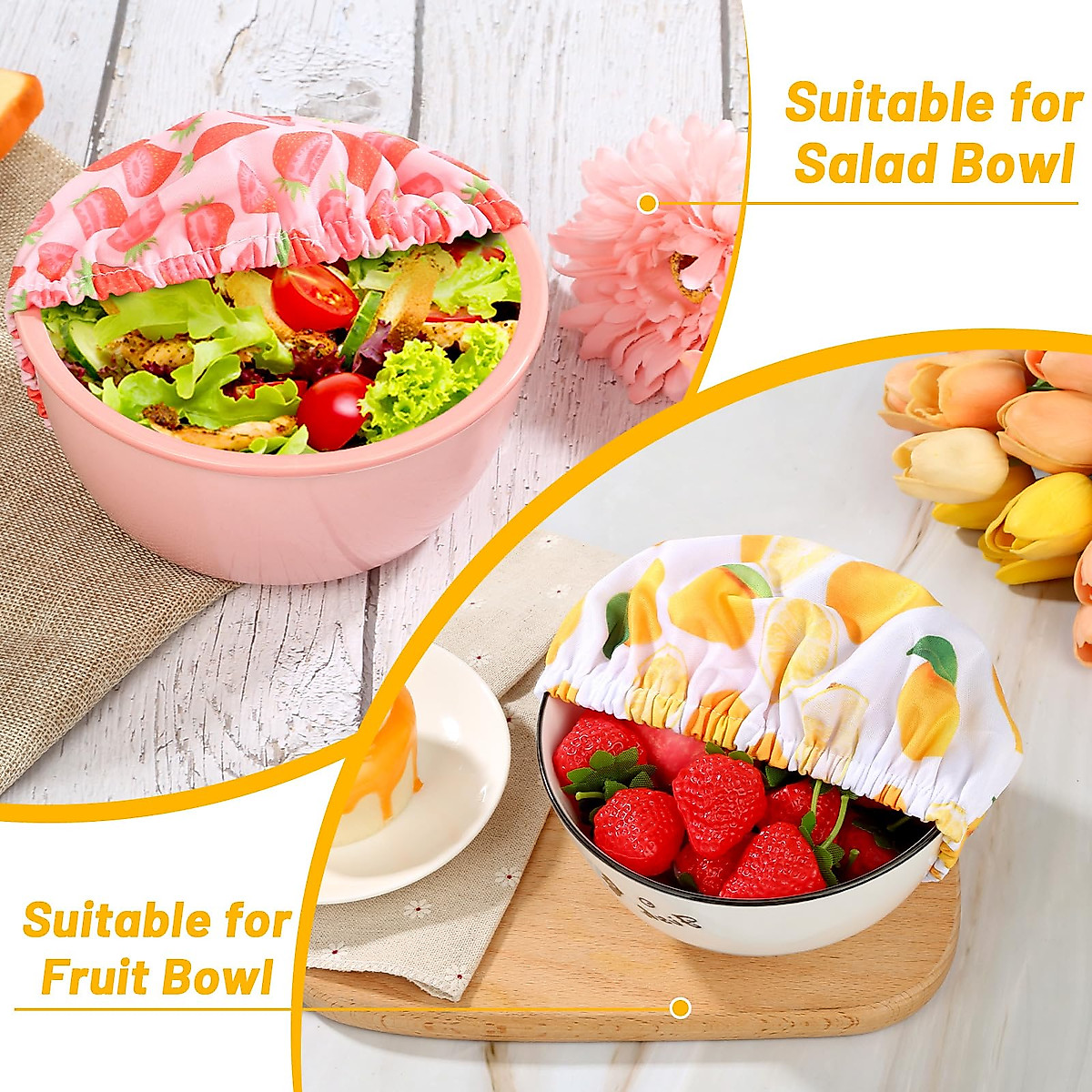 15 Pieces Reusable Bowl Covers in 6 Size, Sublaga Stretch Cloth Fabric Dish Cover Kitchen Storage Containers Lids for Fruits Food Leftover Dough Bread Proofing (Fruit Style)