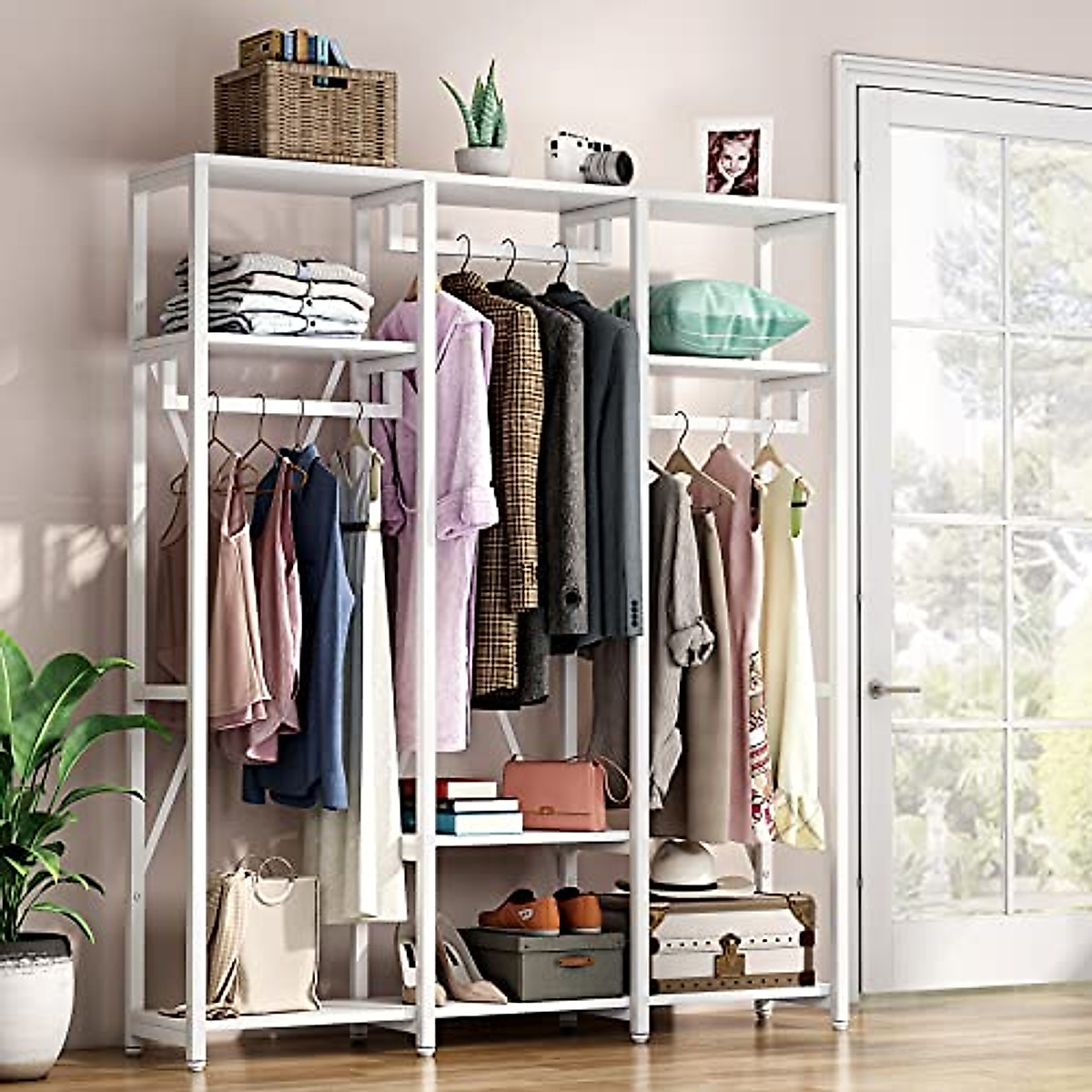 Tribesigns FreeStanding Closet Organizer, Industrial 3 Rod Garment Rack with 4-Tier Storage Shelf, Rustic Wardrobe Rack Clothes Rack for Hanging Clothes and Storage (White)