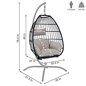 Sunnydaze Oliver Black Resin Wicker Hanging Egg Chair Swing with Gray Cushions and Steel Stand Set - Outdoor Boho Single Lounge Seat for Yard or Patio - Collapsible Nylon Rope Back Design