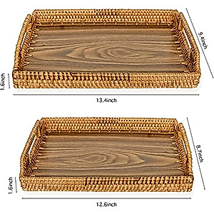 Rattan Decorative Tray with Natural Wood - Coffee Table/Ottoman Tray - Vanity Tray - Fruit Basket - Serving Tray (Small)