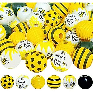 180 Pcs 16mm Bee Wood Beads-Yellow Black White Spring Summer Loose Beads,Bee Honeycomb Wooden Beads for Craft and Jewelry Making,Bee Themed Rustic Beads for Bee Day Tiered Tray Garland Decorations