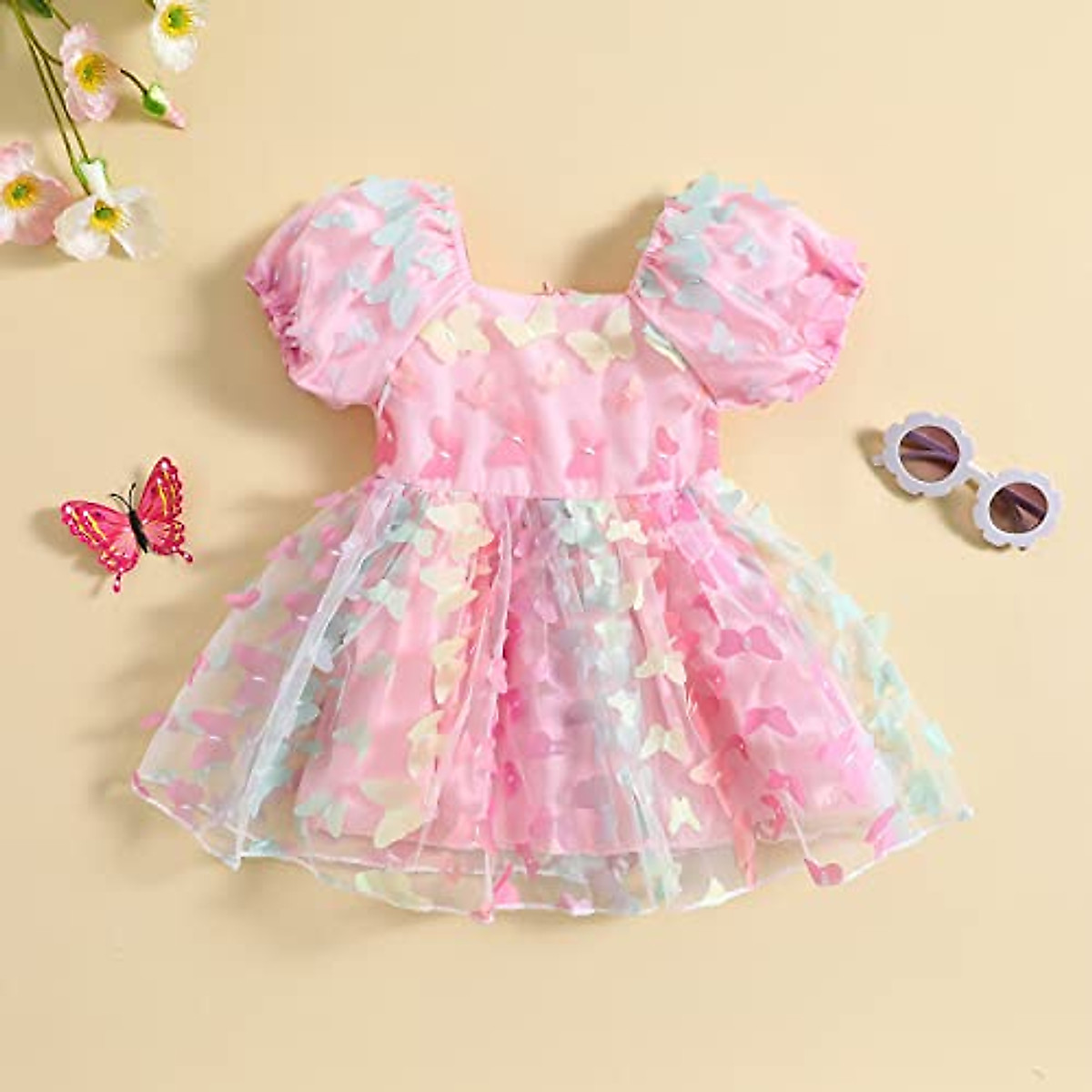 Kids Toddler Baby Girl Princess Dress 3D Butterfly Tulle Dress Summer Fairy Cosplay Birthday Tutu Dress (Multicolored, 4-5 Years)