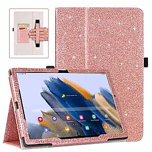 DMLuna Case for Samsung Galaxy Tab A8 10.5 Inch 2022 SM-X200/X205/X207, Slim PU Leather Smart Protective Cover Folio, with Folding Stand, Auto Wake/Sleep, Hand Strap, Card Slots, Glitter Rose
