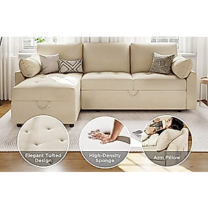PaPaJet Pull Out Sofa Bed, Modern Tufted Convertible Sleeper Sofa, L Shaped Couch with Storage Chaise, Chenille Sectional Bed for Living Room (Beige)