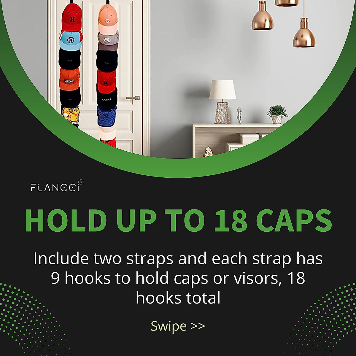 FLANCCI Hat Rack Organizer over the door, Baseball cap holder, hat hanger for closet door rack, Adjustable hat storage racks, Two Straps, Holds up to 18 Caps with adjustable hanging hooks