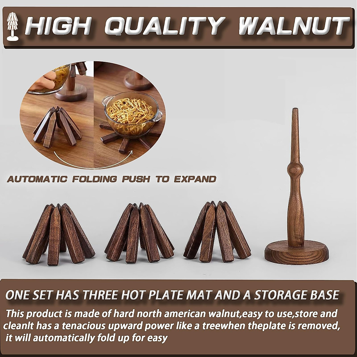 Natural Wood Trivets for Hot Dishes,Foldable Wooden Tree Trivet Hot Plate Mat,Set of 3 Walnut Wood Trivet Tree Hot Pads for Kitchen,Multifunction Wooden Trivets for Hot Pots and Pans for Quartz