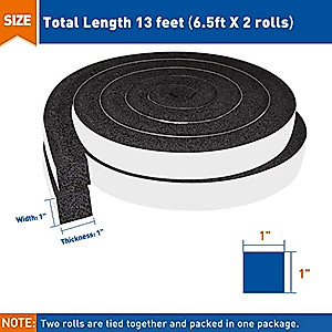 MAGZO Adhesive Foam Weather Stripping 1 Inch W X 1 Inch T, Thick Window Air Conditioner Sealer Open Cell High Resilience, Total Length 13 Feet (6.5ft x 2 Rolls)