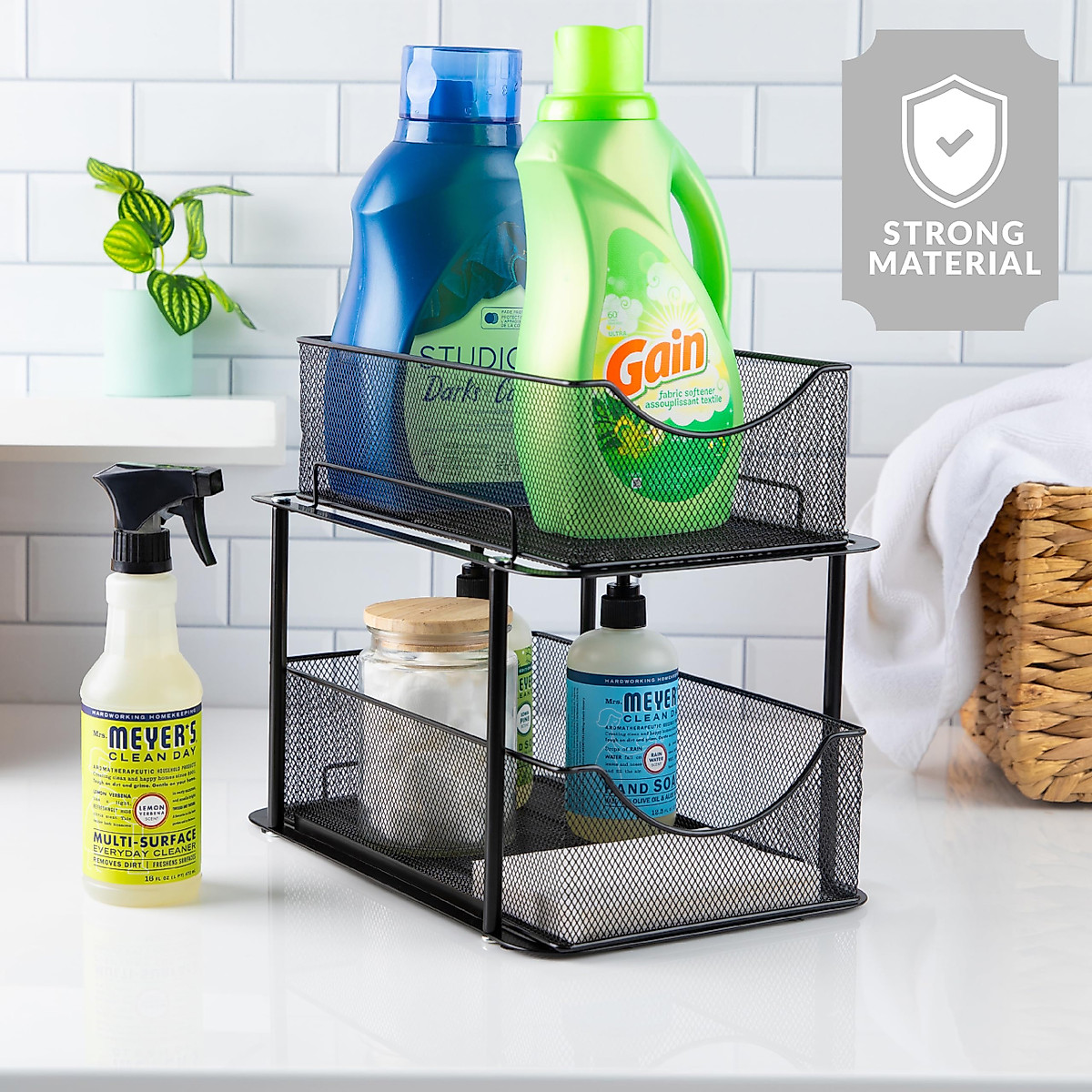 Sorbus 2 Tier Under the Sink Organizer Baskets with Mesh Sliding Drawers —Ideal for Cabinet, Countertop, Pantry, and Desktop, for Bathroom, Kitchen, Office, etc.—Made of Steel (Black)