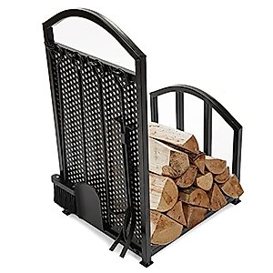 HECASA Firewood Rack with 4 Fireplace Tools Set Indoor Outdoor Wood Holder Heavy Duty Large Log Bin Holder Storage Tool Set Accessories