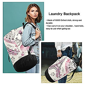 Romantic Travel In Paris Laundry Backpack Bag with Drawstring Closure Waterproof Laundry Bag Laundry Hamper Clothes Storage for College Travel Laundromat Apartment