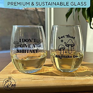 Mushroom Glass Gifts For Her and Him - 2PC Funny Wine Glass - 15oz Printed "I Don't Give A Shiitake", "Let That Shiitake Go" Mushroom Decor - Aesthetic Gift for Sister, Brother, Friend Mushroom Lover